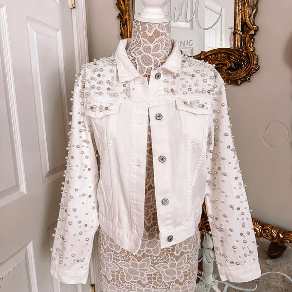 Custom Hand Painted Pearl Sleeved Denim Jacket - Details and Swirls