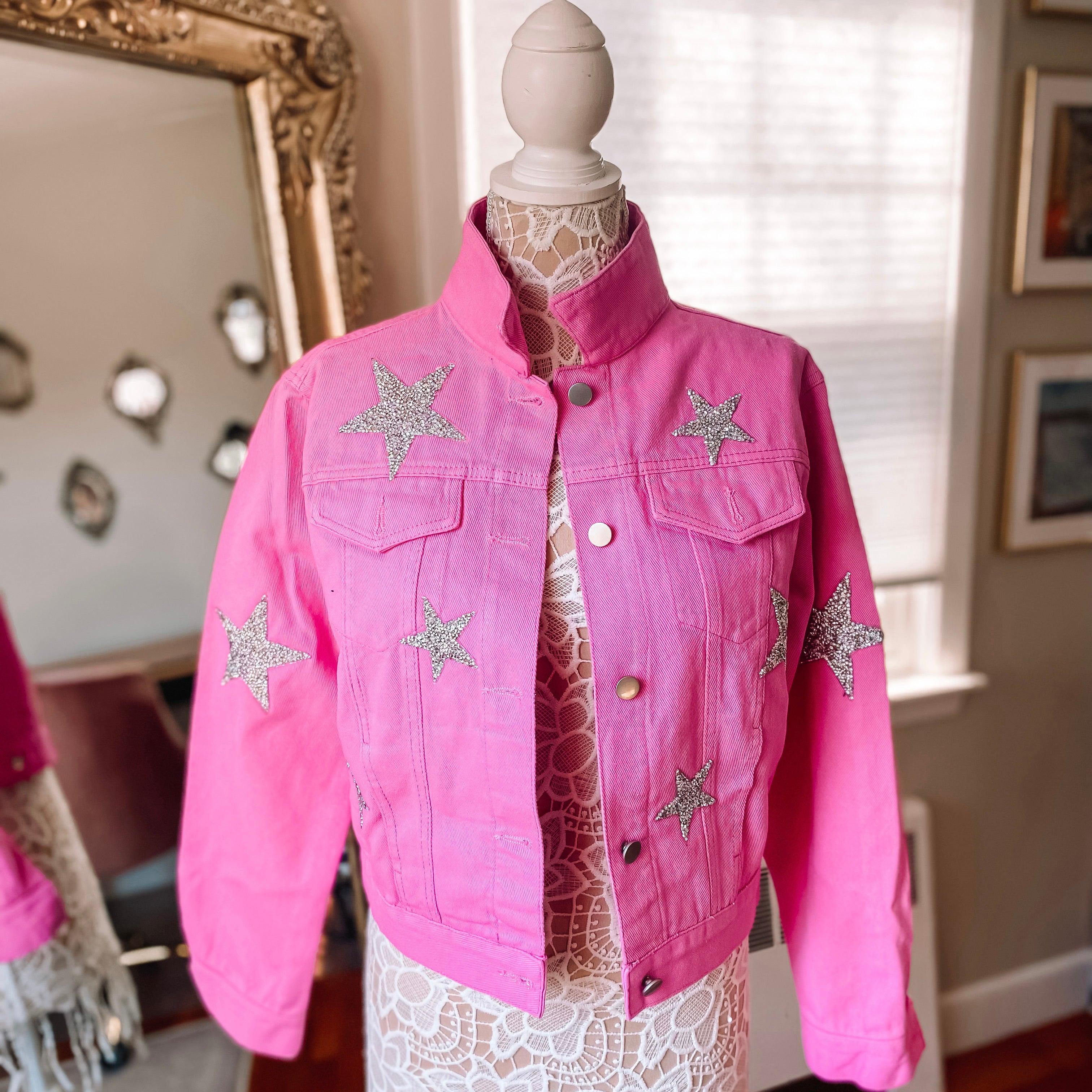 Hot Pink Star Sequin Custom Hand Painted Denim Jacket - Details and Swirls